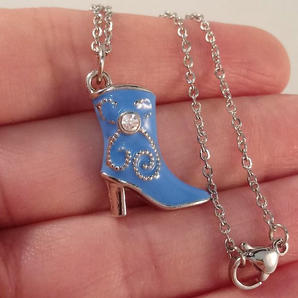 Jewelry | Silver Plated Diamond Crystal Blue Swirl Western Cowboy Boot ...